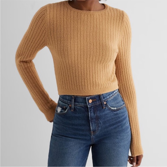 Express | Sweaters | Express Tan Crew Neck Ribbed Cropped Sweater ...